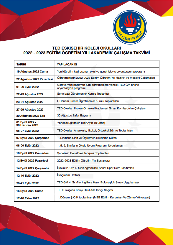 İlkokul Akademik Takvim – TED ESKİŞEHİR KOLEJİ