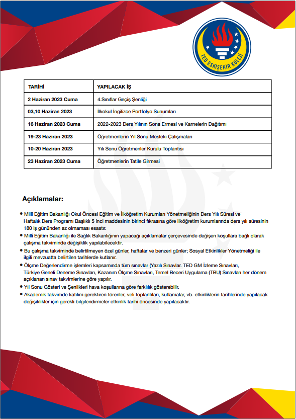 İlkokul Akademik Takvim – TED ESKİŞEHİR KOLEJİ